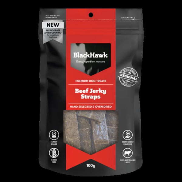 BLACK HAWK DOG TREAT BEEF JERKY STRAPS 100G – Baba G's Farm